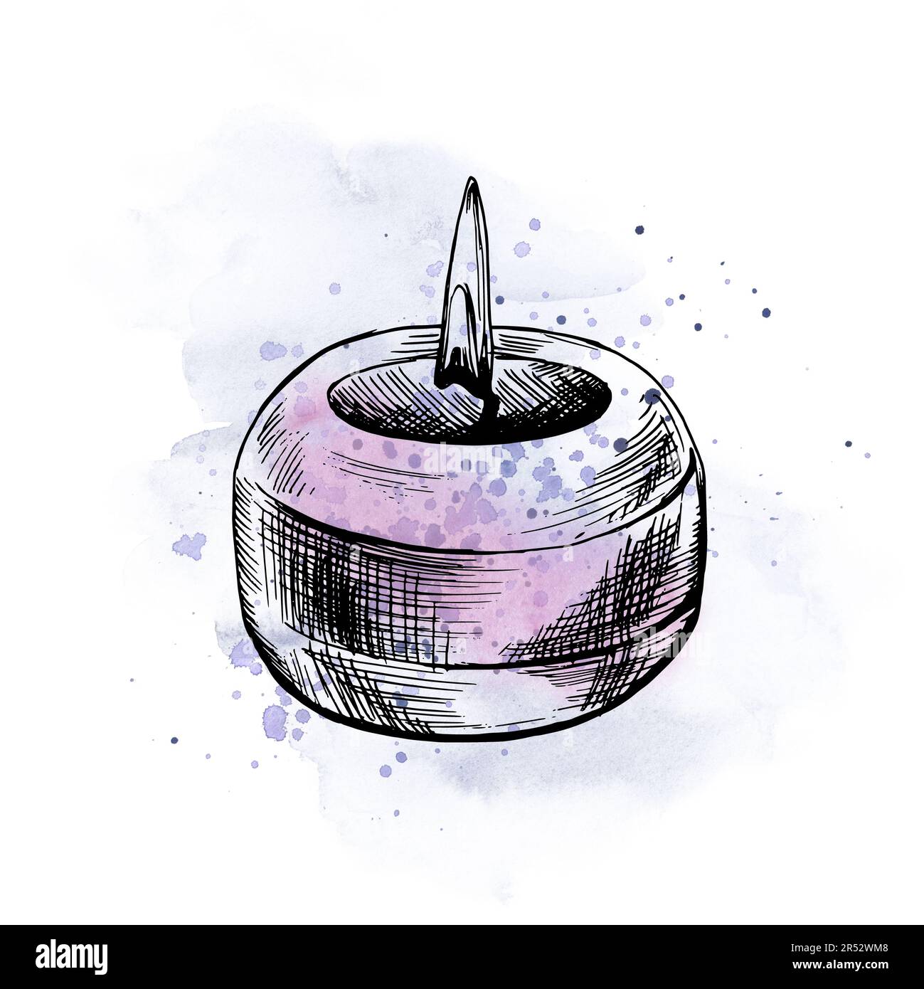 Round candle with flame. Hand drawn illustration, graphic with lilac ...