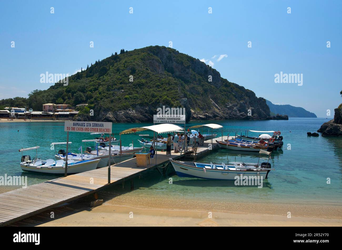 Excursion boat outrigger, Paleokastritsa, Corfu, Ionian Islands, Greece ...