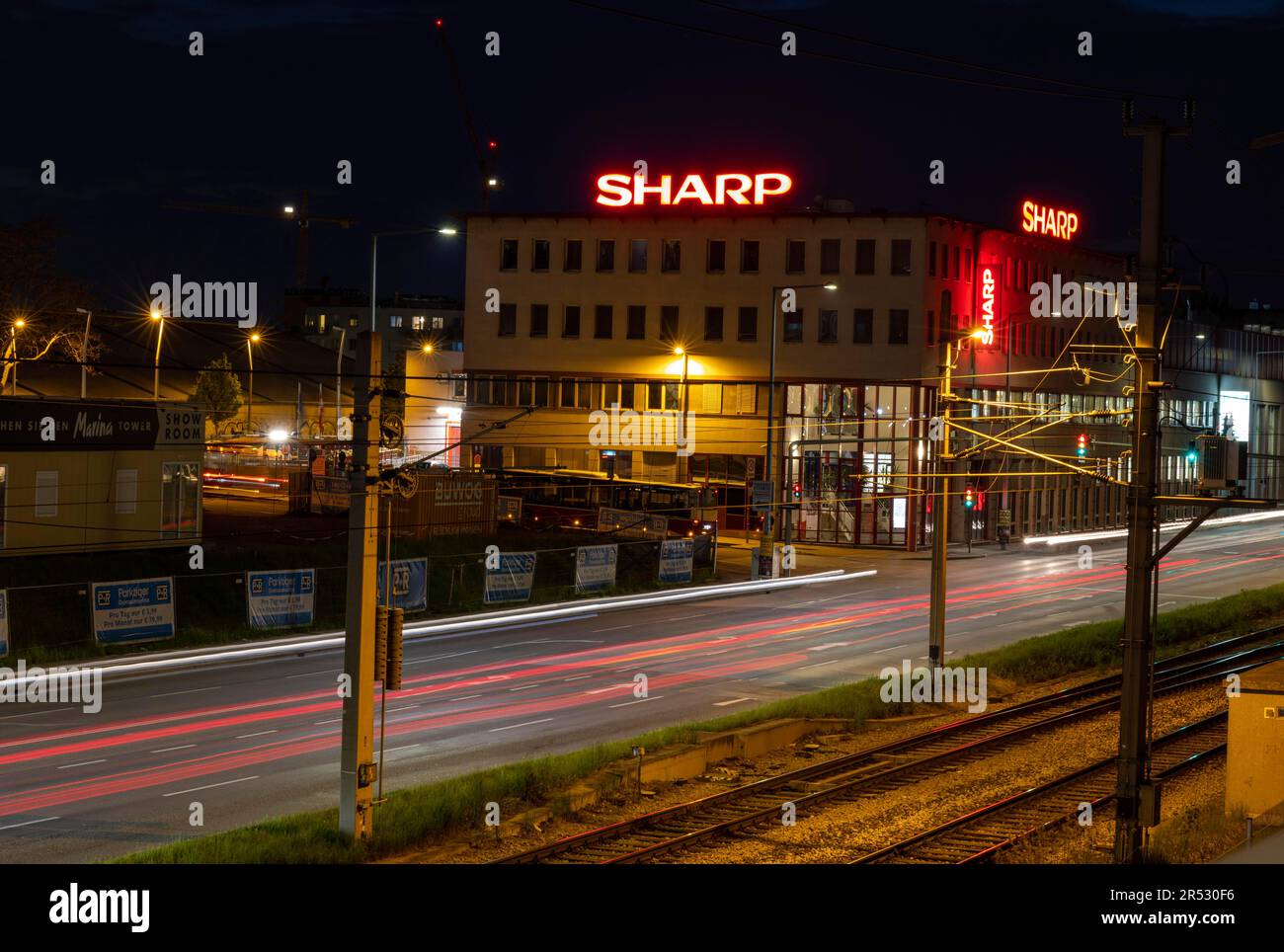 Sharp office building and railway line, Handelskai, Vienna, Austria ...