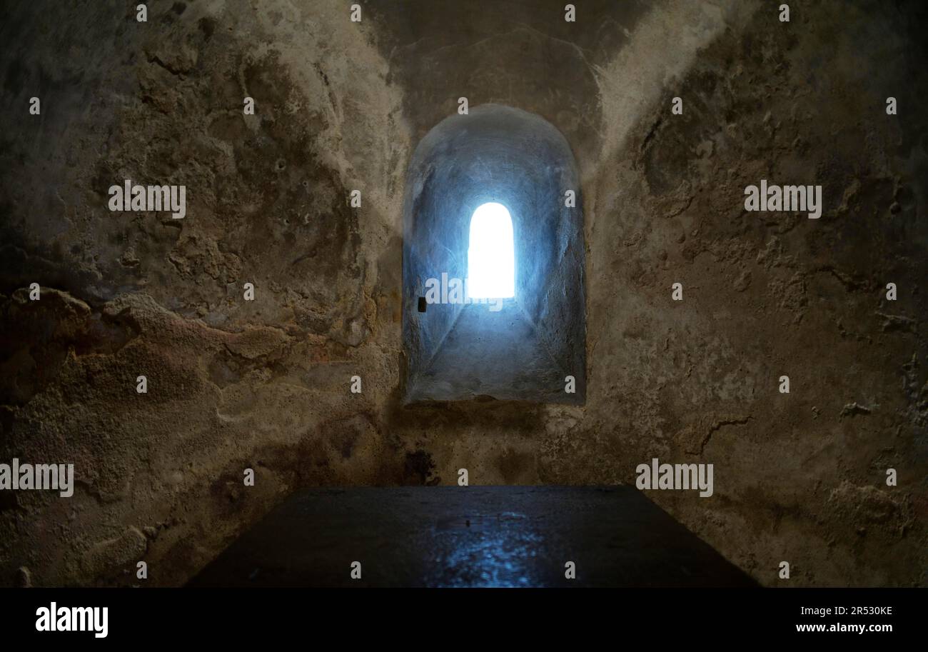 Light falls through plaster windows, Romanesque west crypt in Augsburg ...