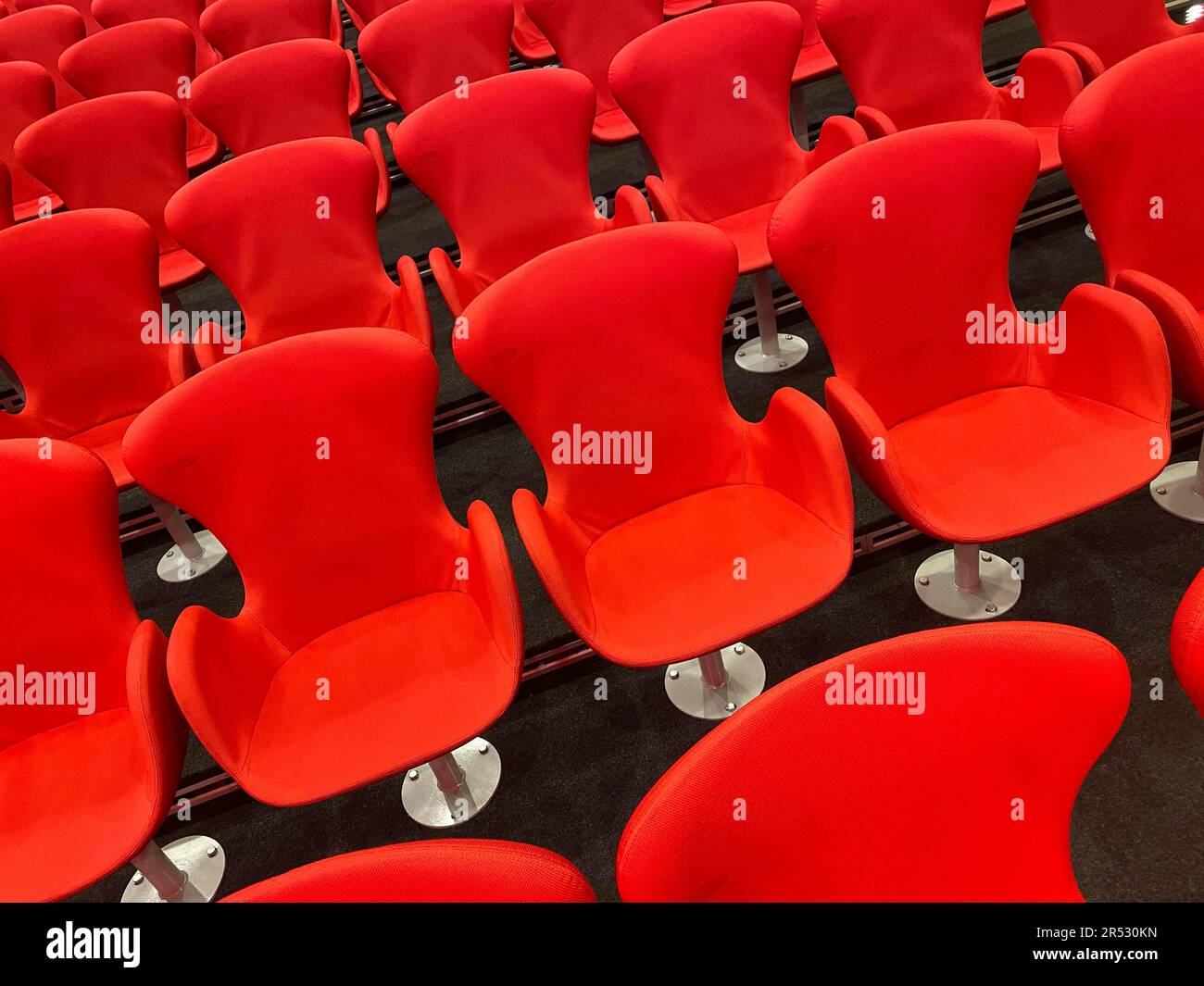Red chairs in the press centre, Allianz Arena, Munich, Bavaria, Germany ...