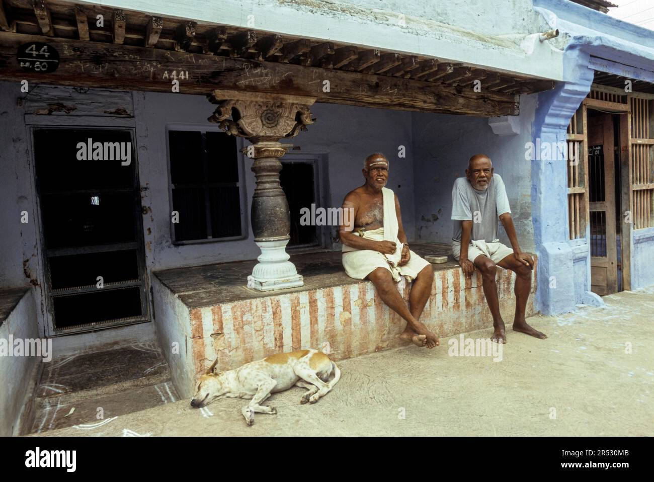 Two old man sitting in front of the Agraharam house at Sengottai near ...
