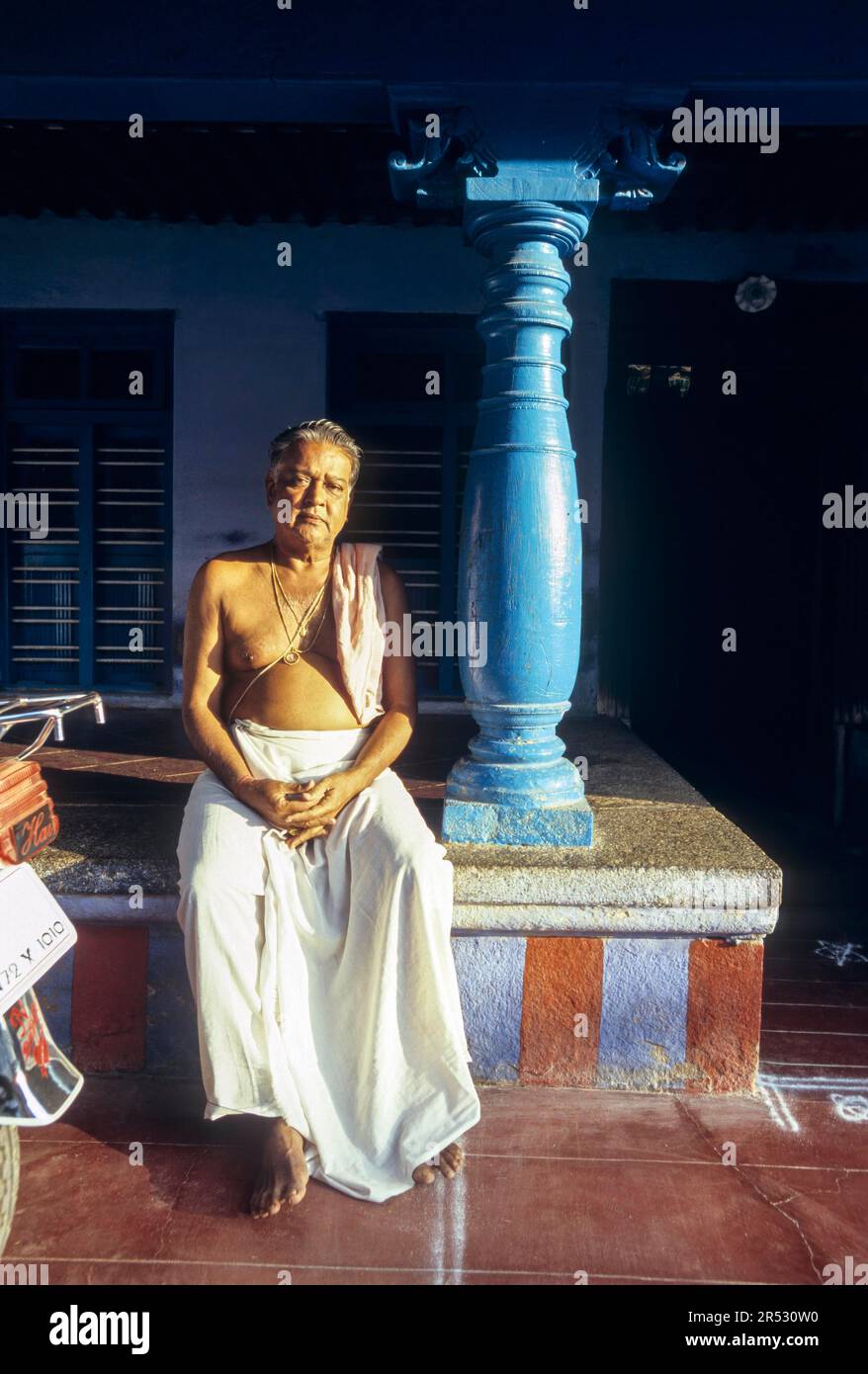 Brahmin old man sitting in front of his Agraharam house Brahmin quarter ...
