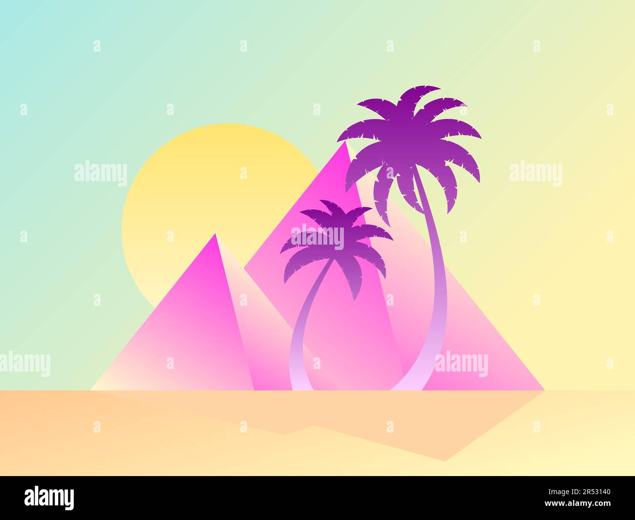 Pyramids with palm trees and sun, colorful gradient. Landscape with ...
