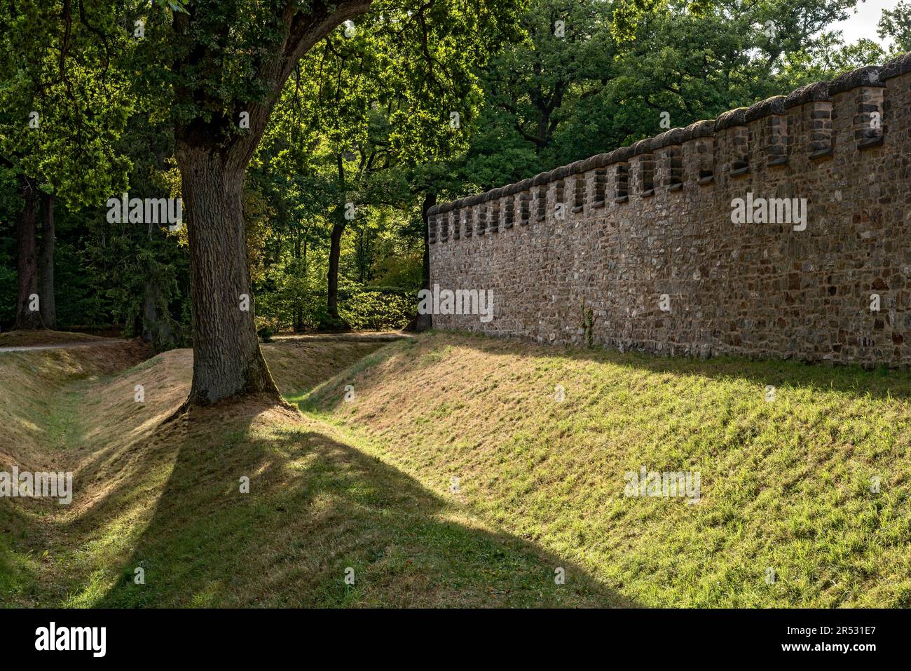 Fortified wall with battlements, redoubt, rampart, ditches, double ...