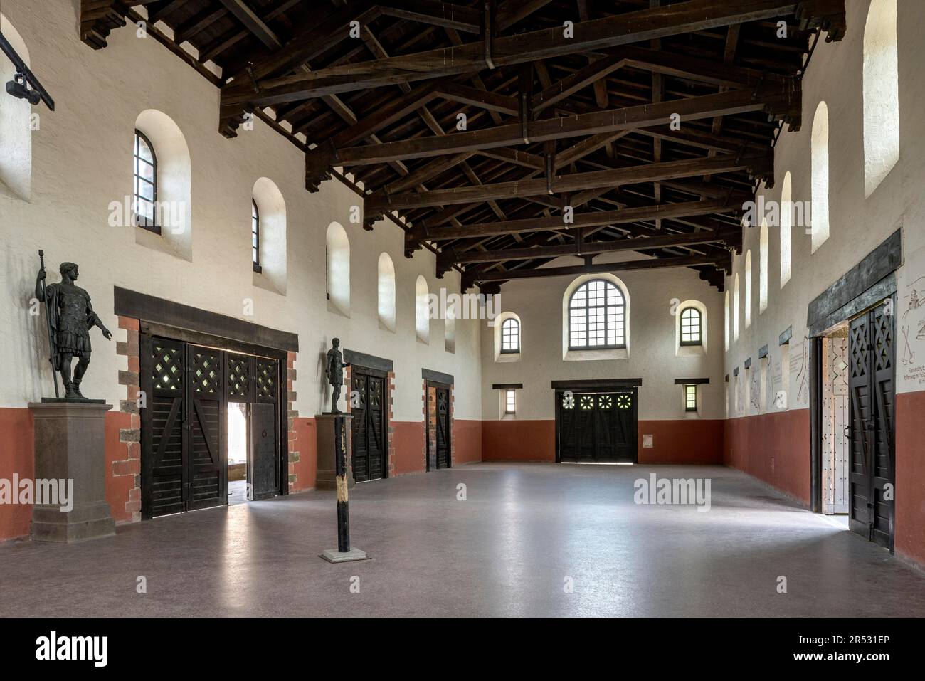 Great Hall of the Principia Commandery, interior with bronze statues of ...