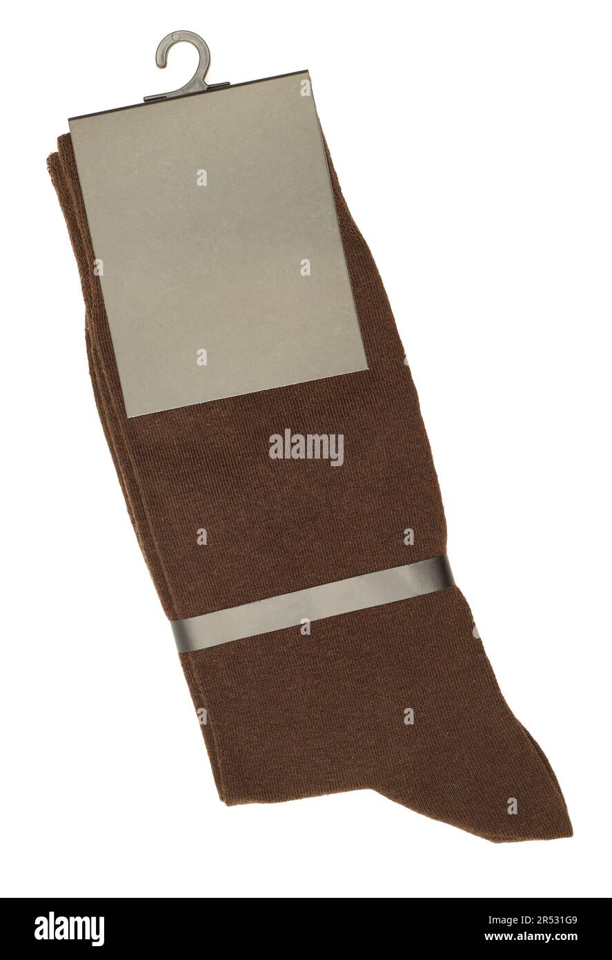 Elegant brown socks with blank paper tag isolated on white background ...