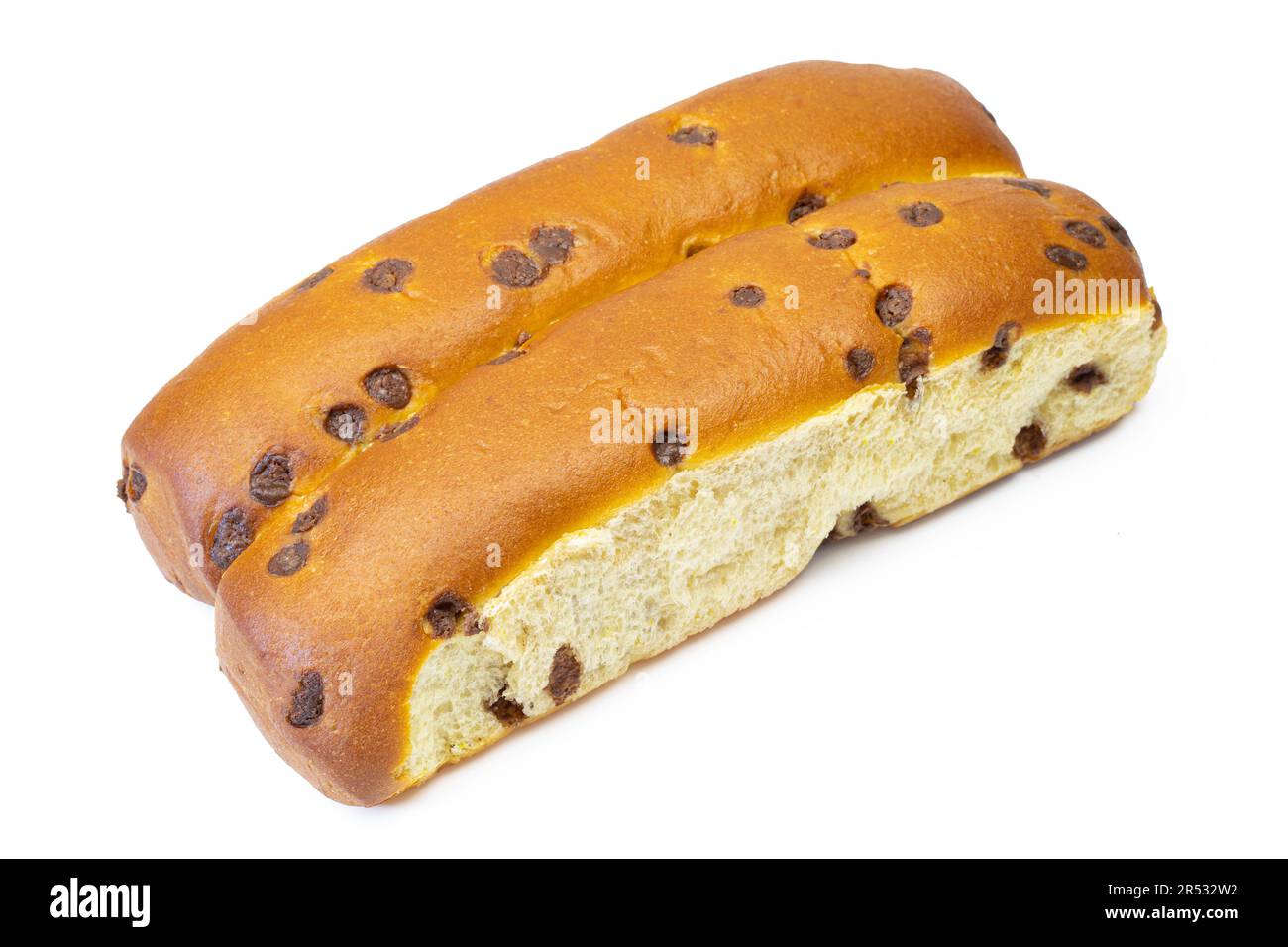 Two milk rolls with chocolate chips isolated on white background ...