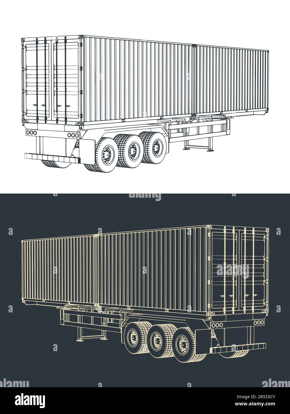 Stylized vector illustrations of blueprints of tri-axle container ...