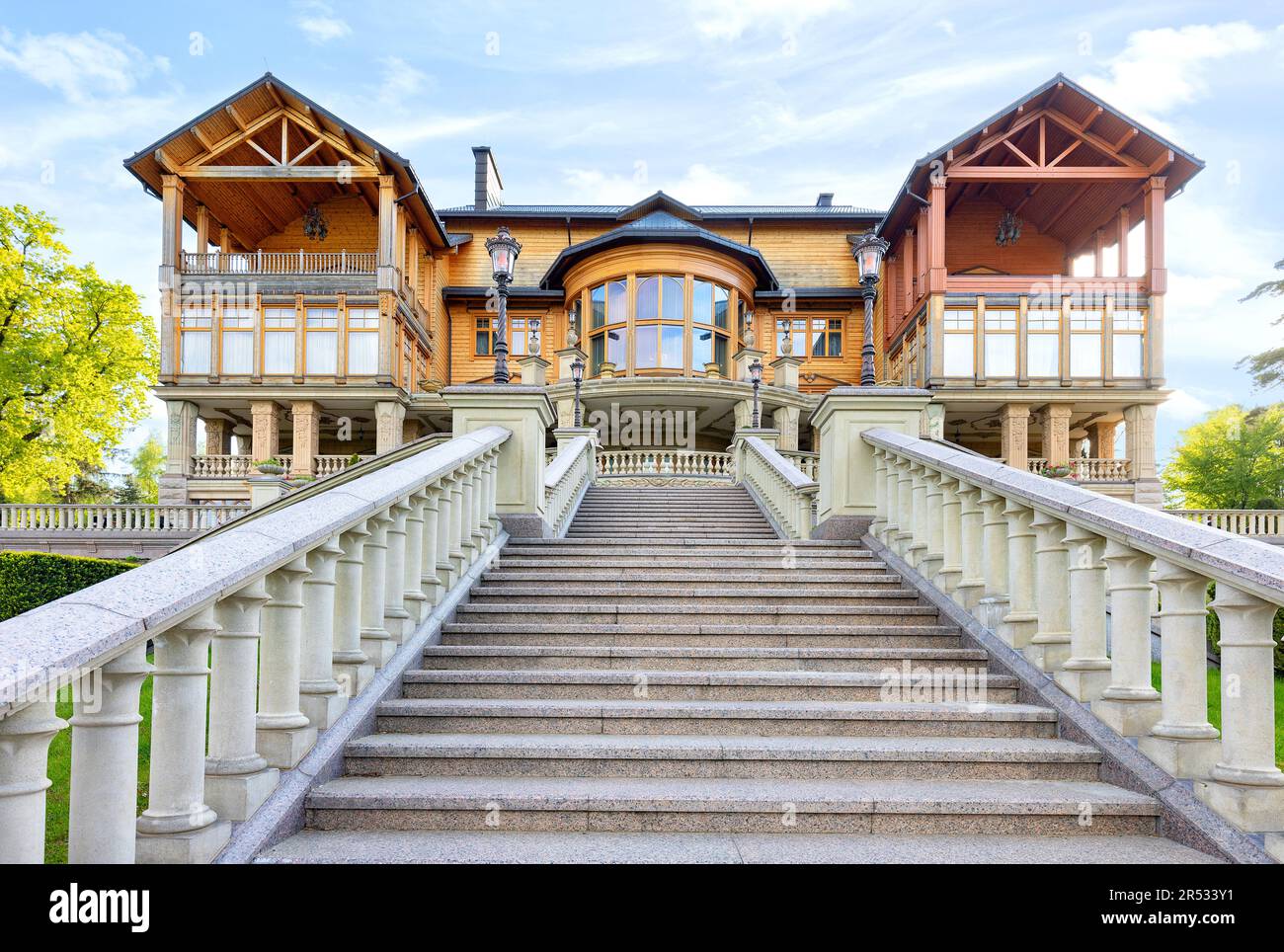 A stylish granite staircase with a balustrade with beautifully carved ...
