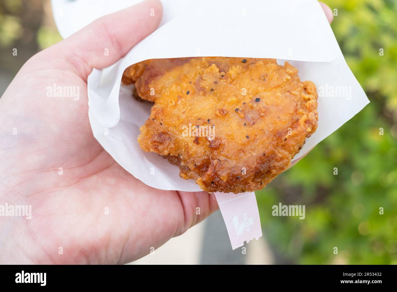 Hand holding convenience store chicken in a paper bag, Tokyo, Japan ...