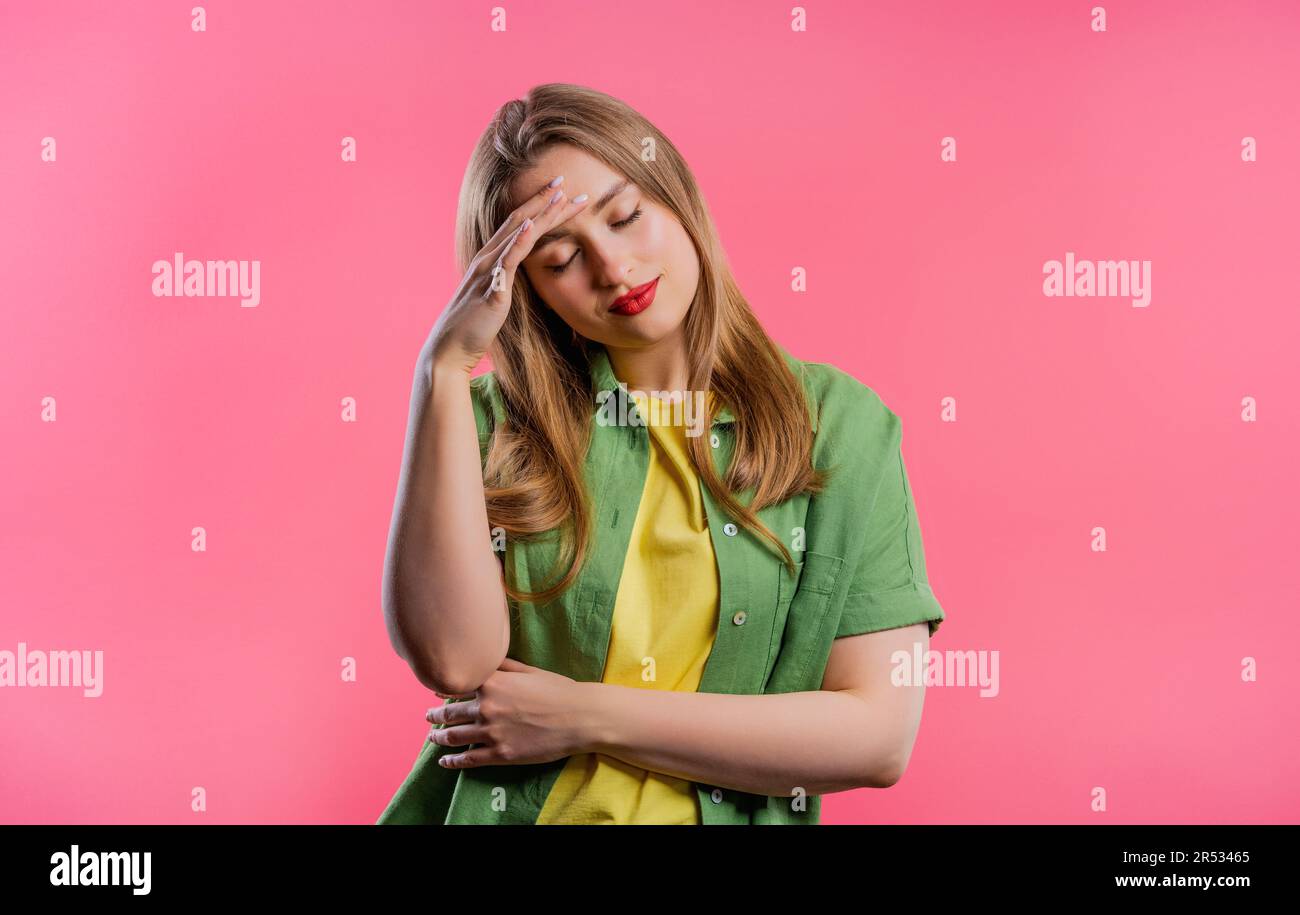 Ashamed confused woman, no, she forgot. Girl feeling sorrow,regret ...