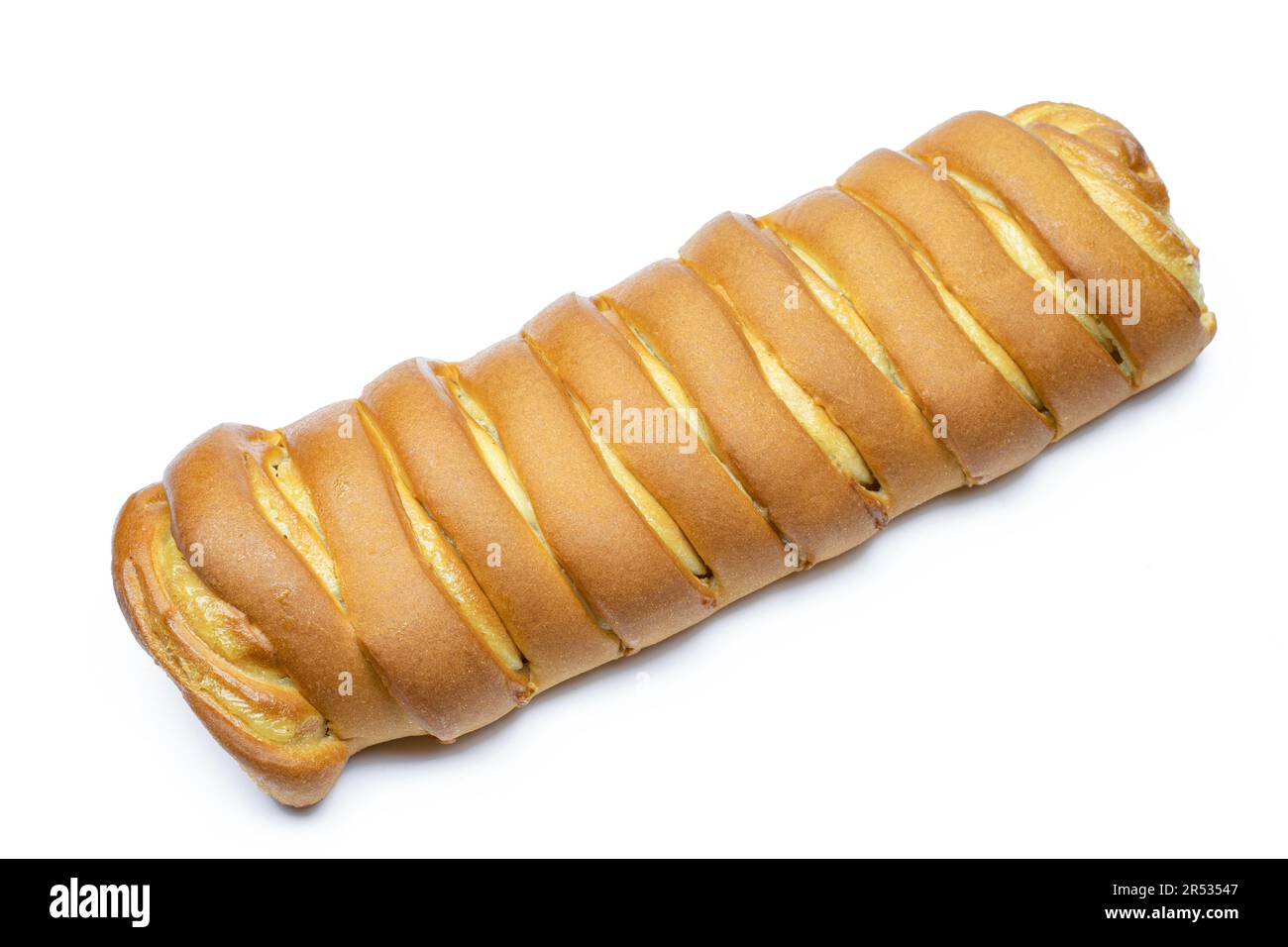 Dessert swirled golden color pastry roll filled isolated on white ...