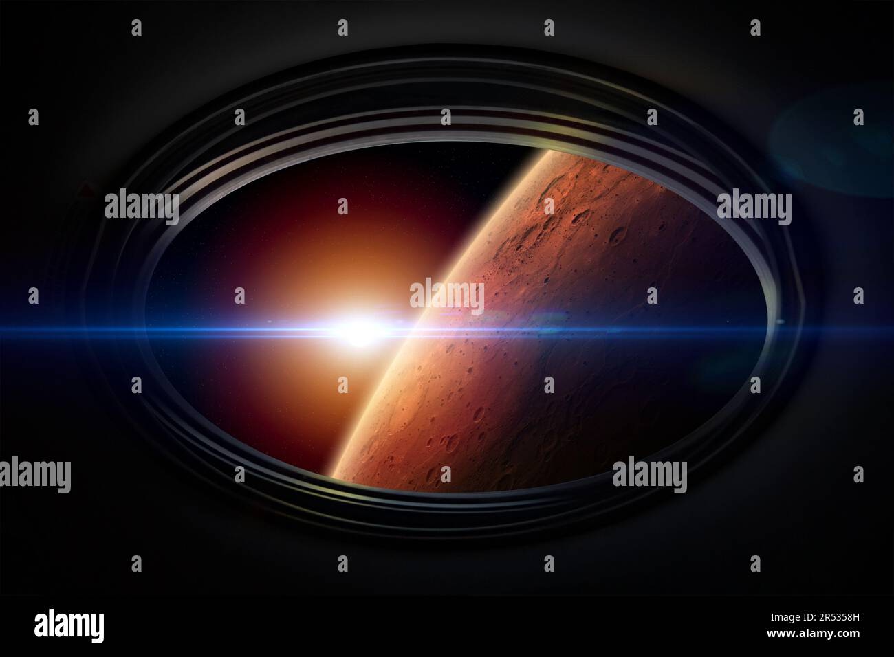 Mars - red planet of solar system in spaceship window porthole ...