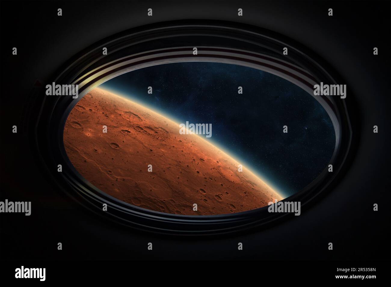 Orbiting the planet Mars. View from porthole of spaceship on Mars ...