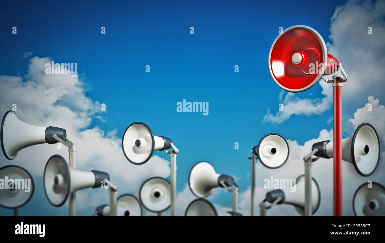 Red megaphone covering higher ground stands out among others. 3D ...
