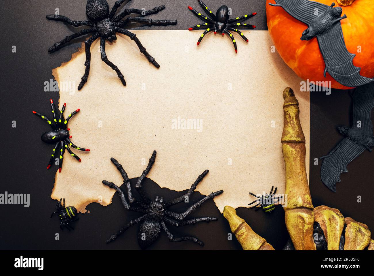 Sheet of paper with spiders, bats, pumpkin and monsters hand on black ...