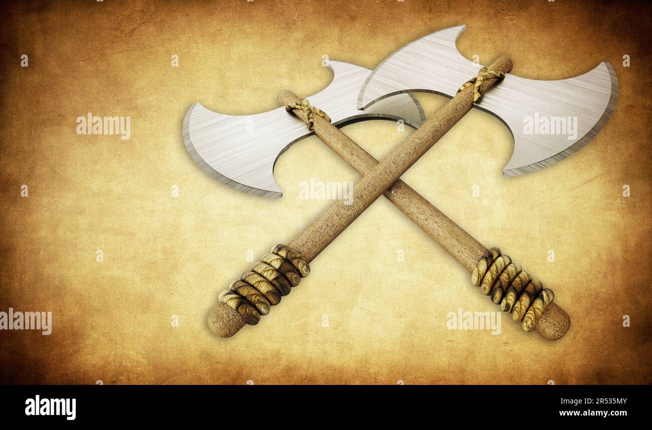 Two old axes on old grunge background. 3D illustration Stock Photo - Alamy