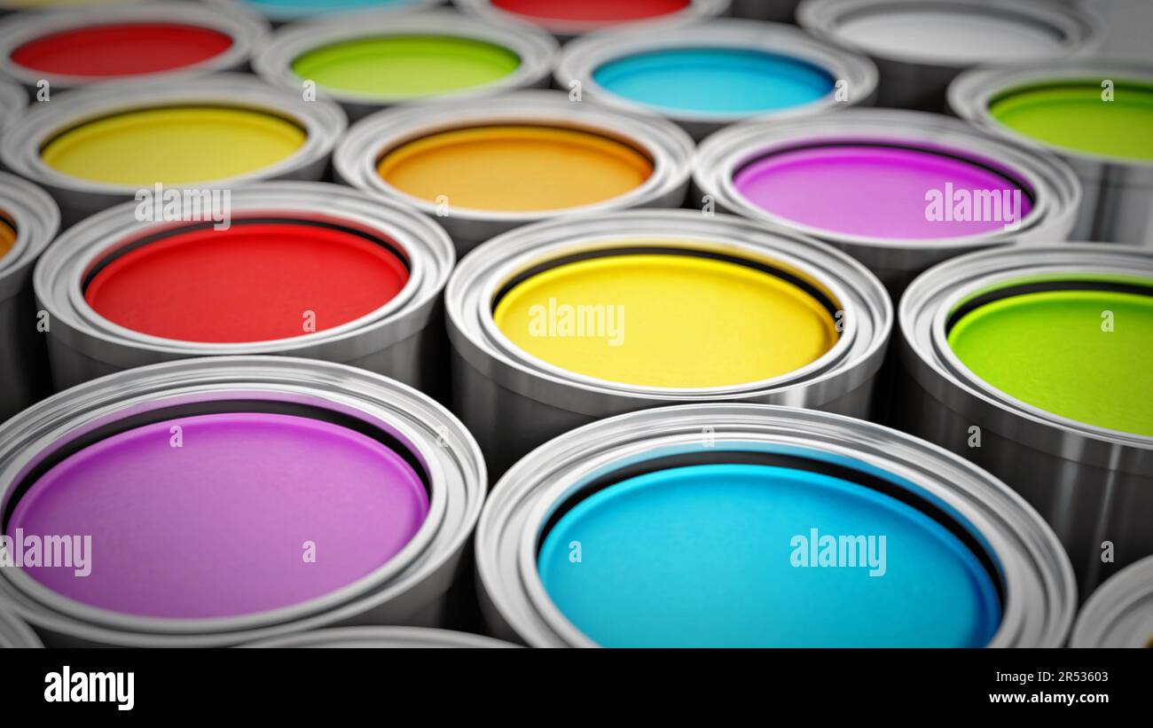 Vibrant colored paint cans background. 3D illustration Stock Photo - Alamy