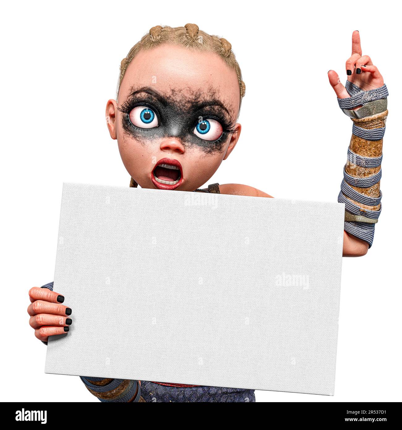 viking girl is shocked and holding a white sign, 3d illustration Stock ...