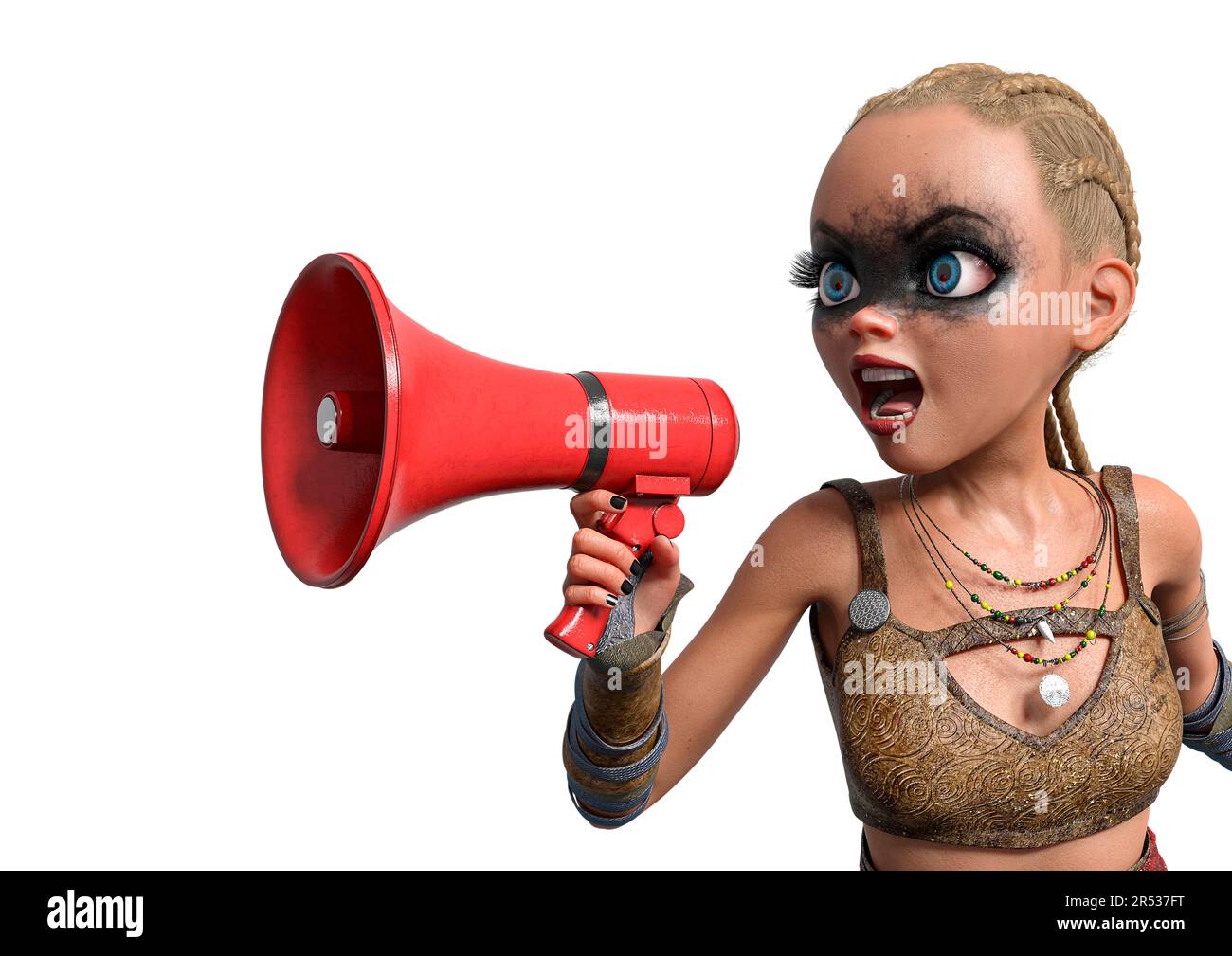 viking girl is talking and protesting with megaphone in her hand close ...