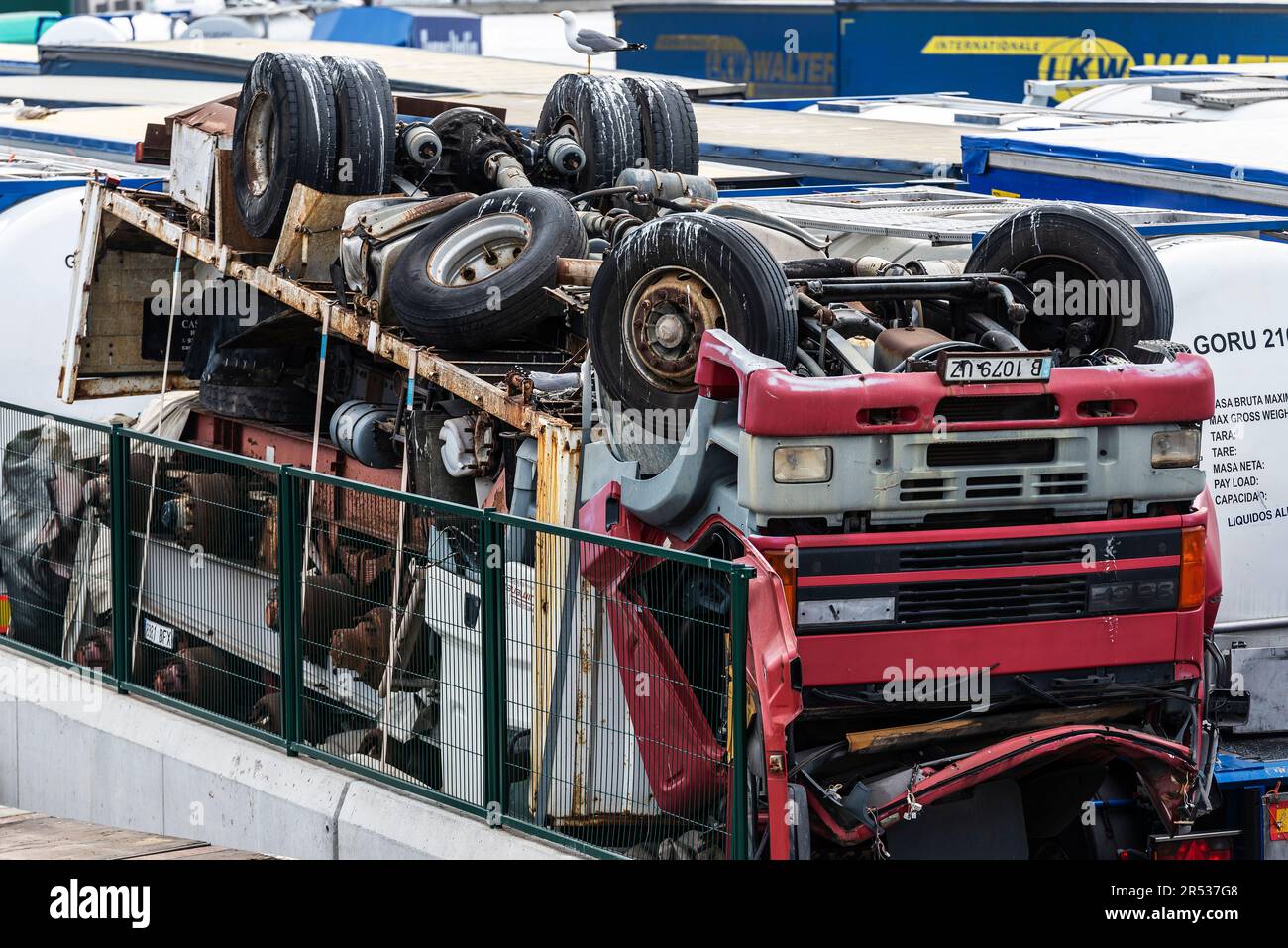 Barcelona, Spain - April 17, 2023: Container with engines and a broken ...
