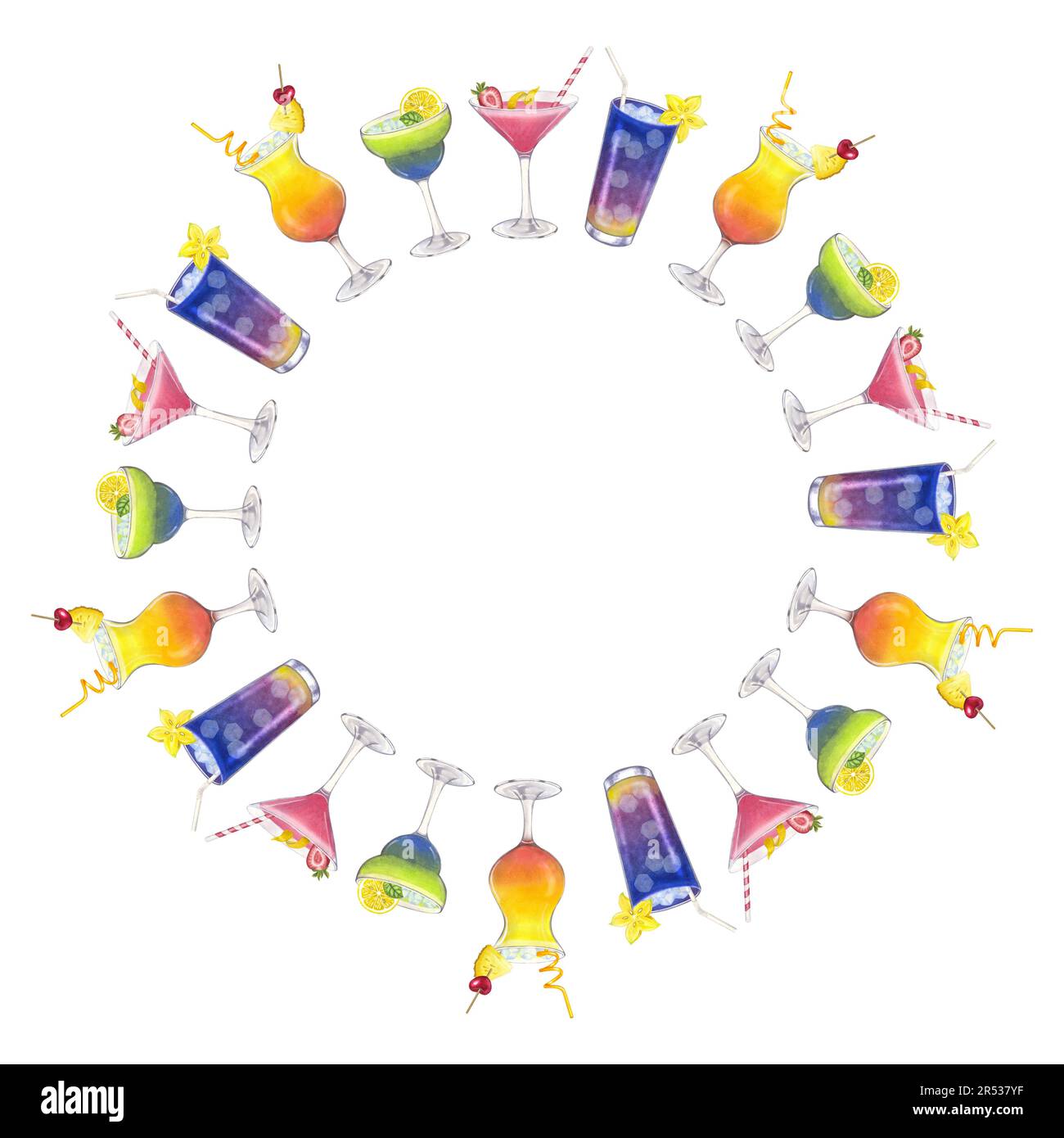 Round frame of colorful beach cocktails, Tequila Sunrise Cosmopolitan ...