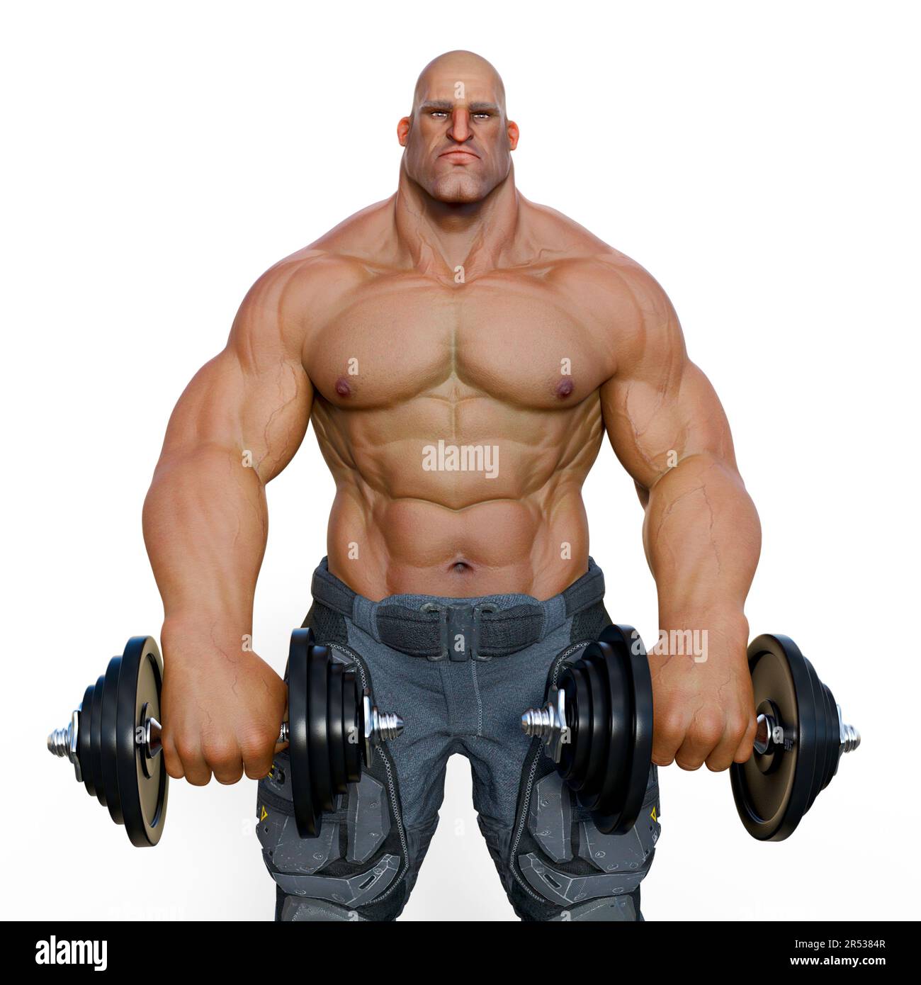 super soldier holding weights doing workout, 3d illustration Stock ...