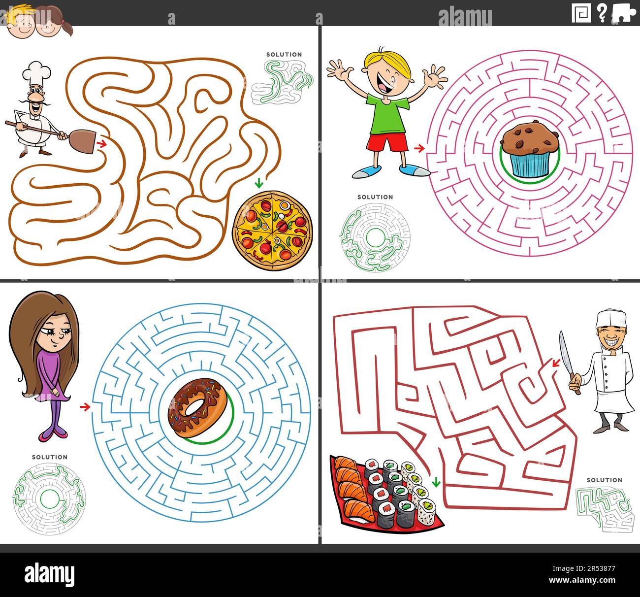 Cartoon illustration of educational maze puzzle games set with comic ...