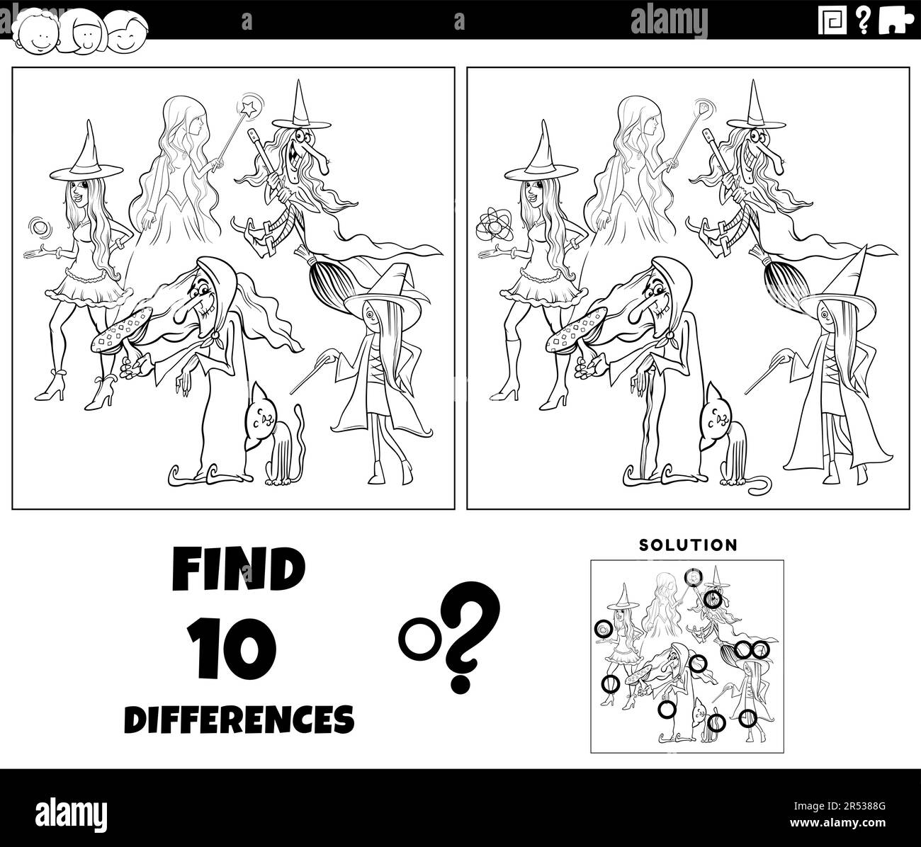 Black and white cartoon illustration of finding the differences between ...