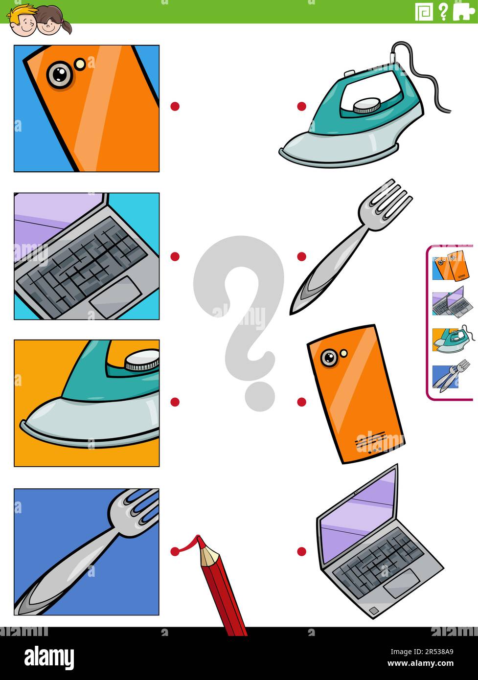 Cartoon illustration of educational matching activity with objects and ...