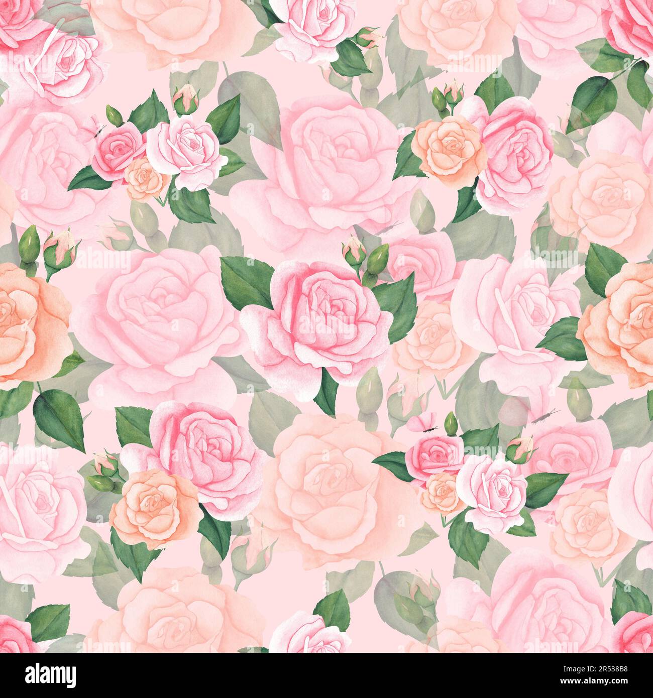 watercolor seamless pattern with pink peach pastel roses and leaves ...