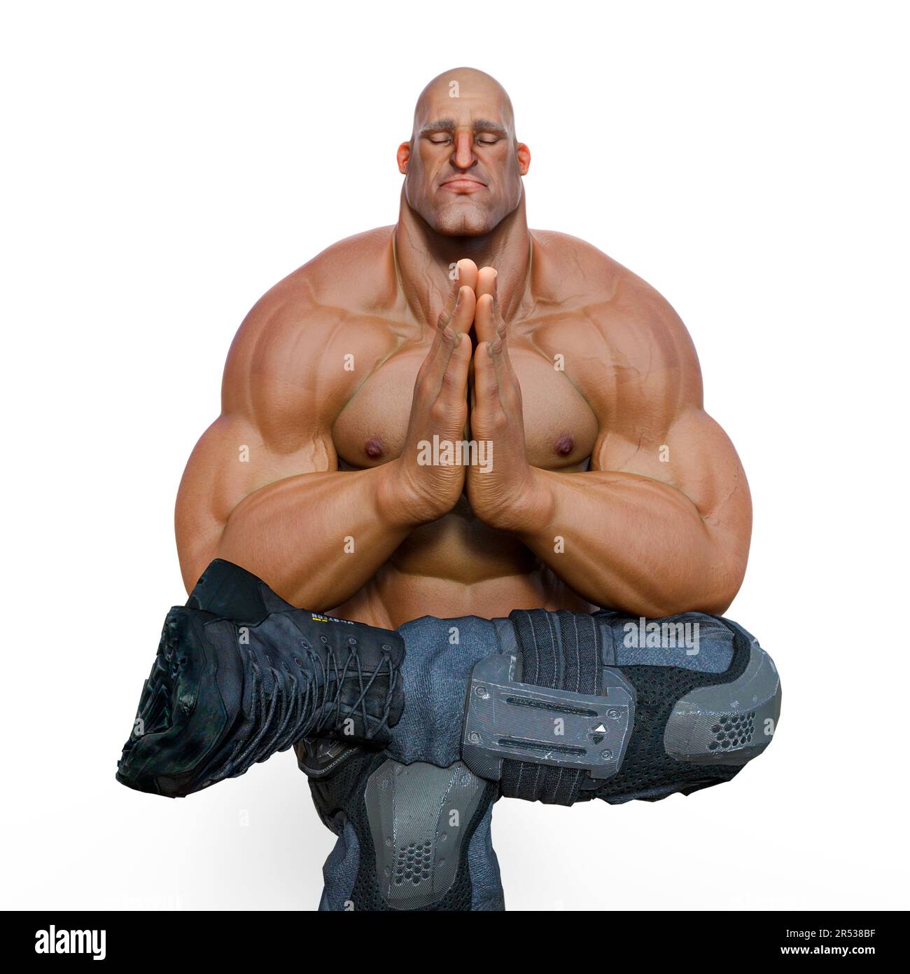 super soldier is relaxing in namaste yoga pose, 3d illustration Stock ...