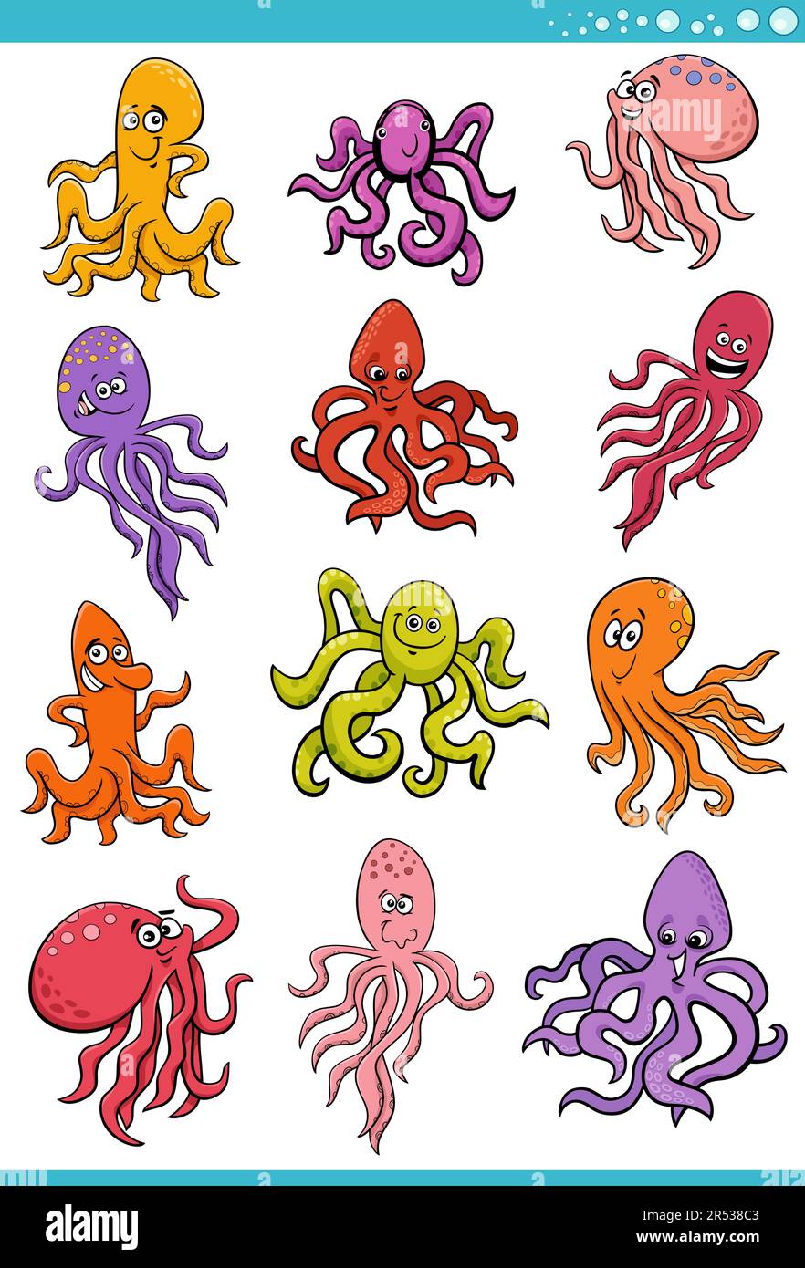 Cartoon Illustration of octopus marine animal characters set Stock ...