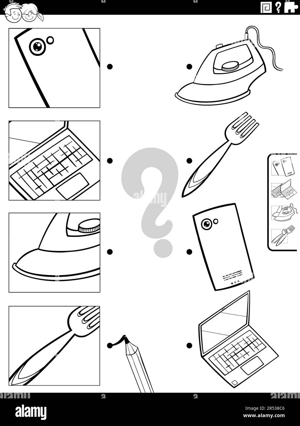 Black and white cartoon illustration of educational matching activity ...