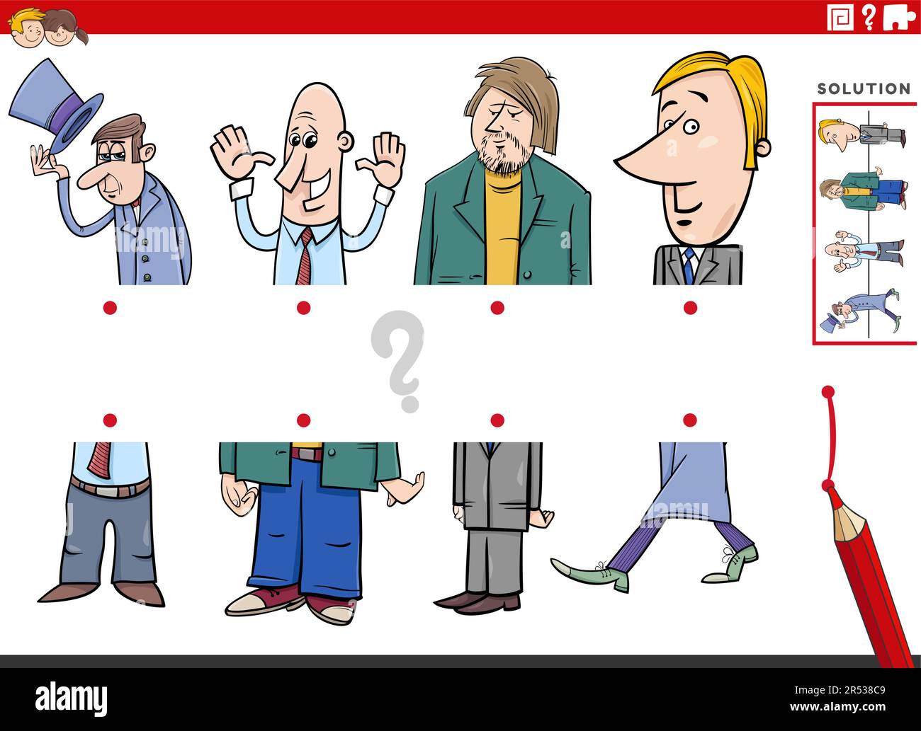 Cartoon illustration of educational game of matching halves of pictures ...