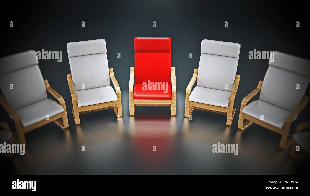 Red modern TV chair standing out among gray chairs. 3D illustration ...
