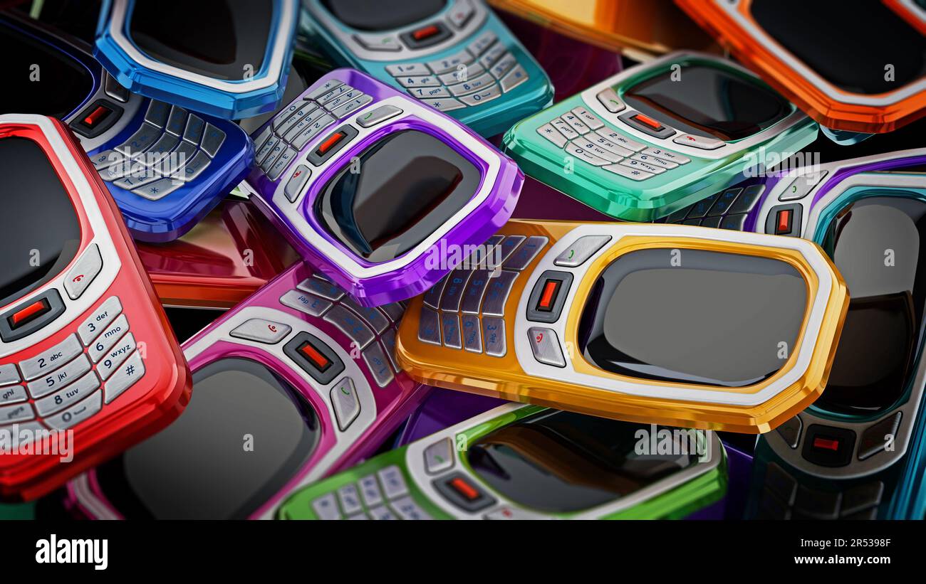 Old style multi colored mobile phones with keypad. 3D illustration ...
