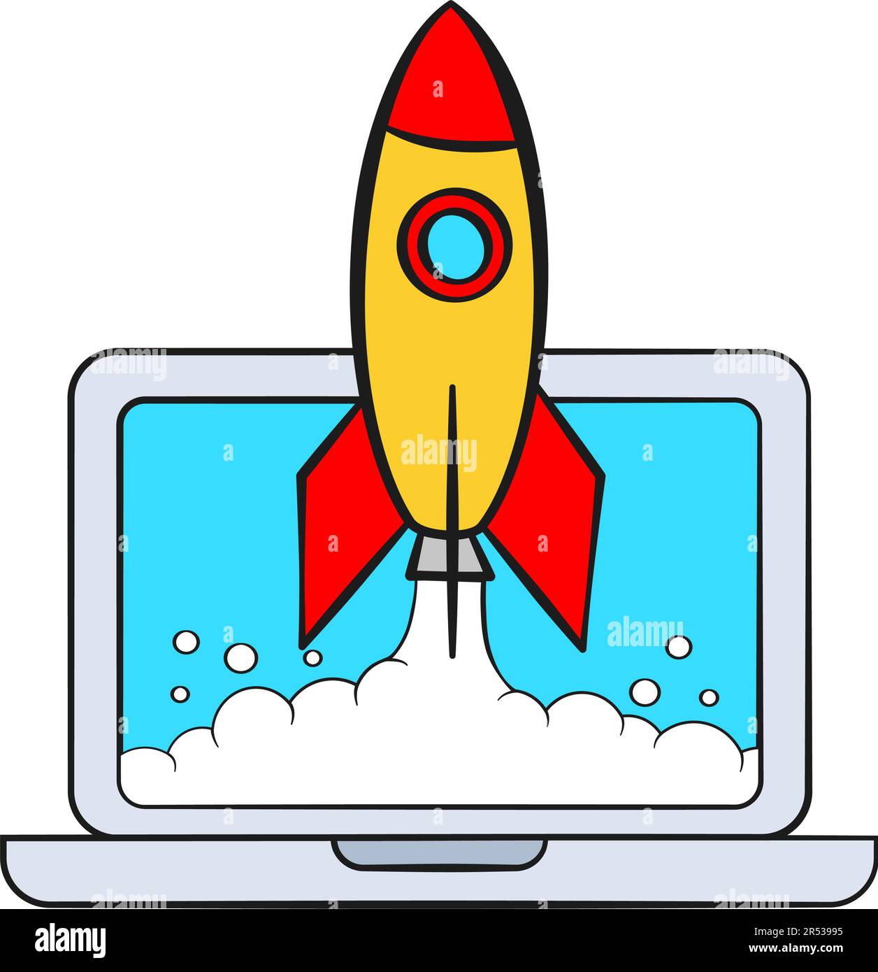 Startup business concept. Rocket launching and laptop. Cartoon. Vector ...