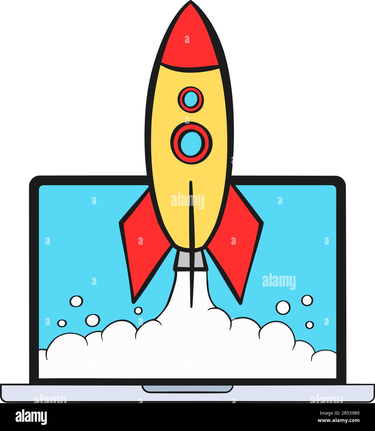 Startup business concept. Rocket launching and laptop. Cartoon. Vector ...
