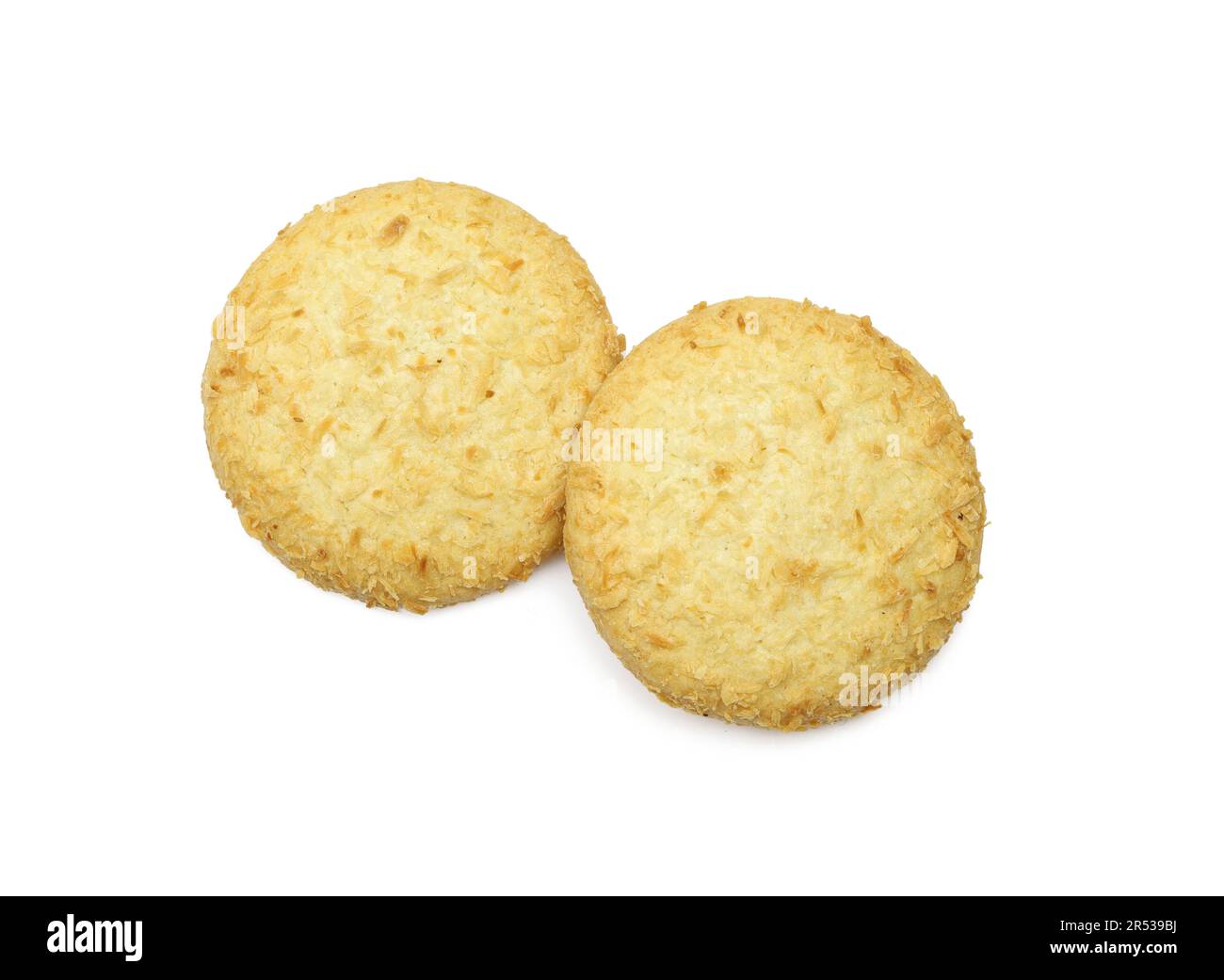 Pair of round morning tea cookies with coconut crumbs isolated on white ...