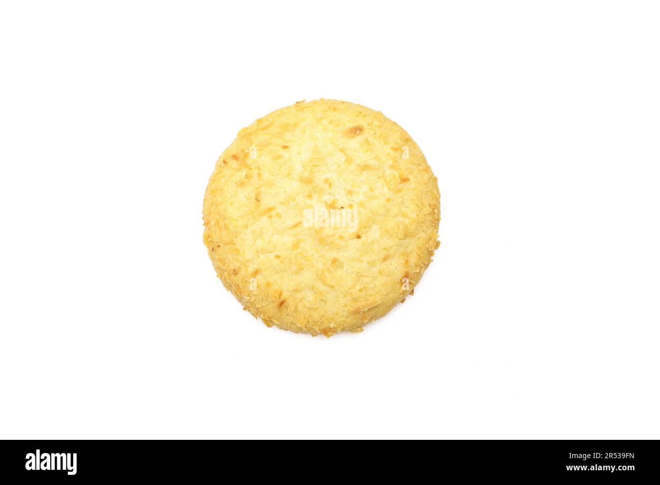 Single round morning tea cookie with coconut crumbs isolated on white ...
