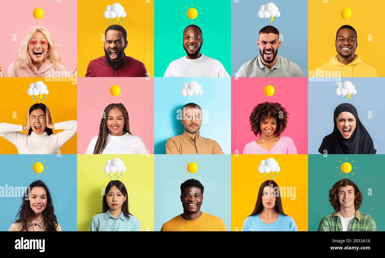 Group of people with different face expression posing on colorful ...