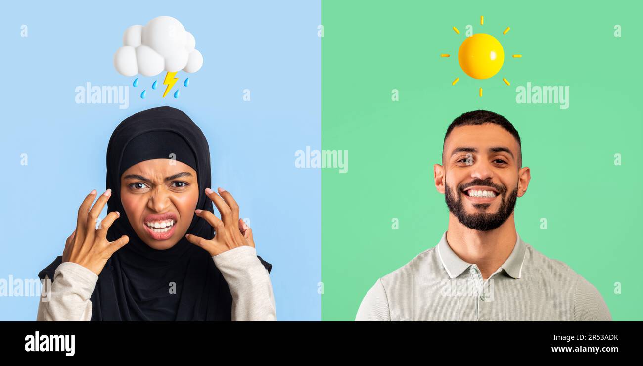 Arab Man And Woman In Hijab Expressing Different Emotions Over Colorful ...