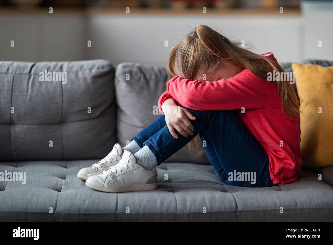 Kids Depression Concept. Upset Little Girl Crying At Home Stock Photo ...