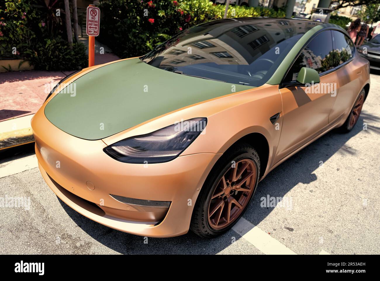 Miami Beach, Florida USA - April 14, 2021: tesla model y orange matte ...