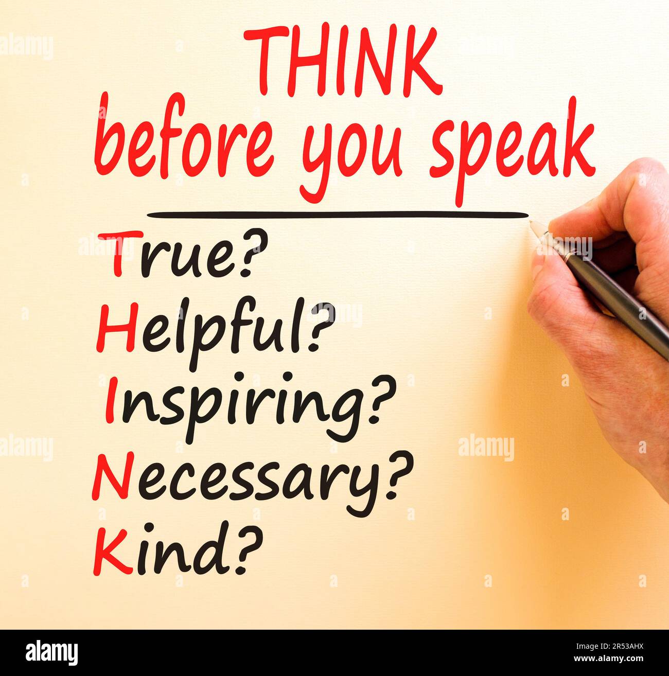 Think before you speak symbol. Concept words Think before you speak true helpful inspiring ...