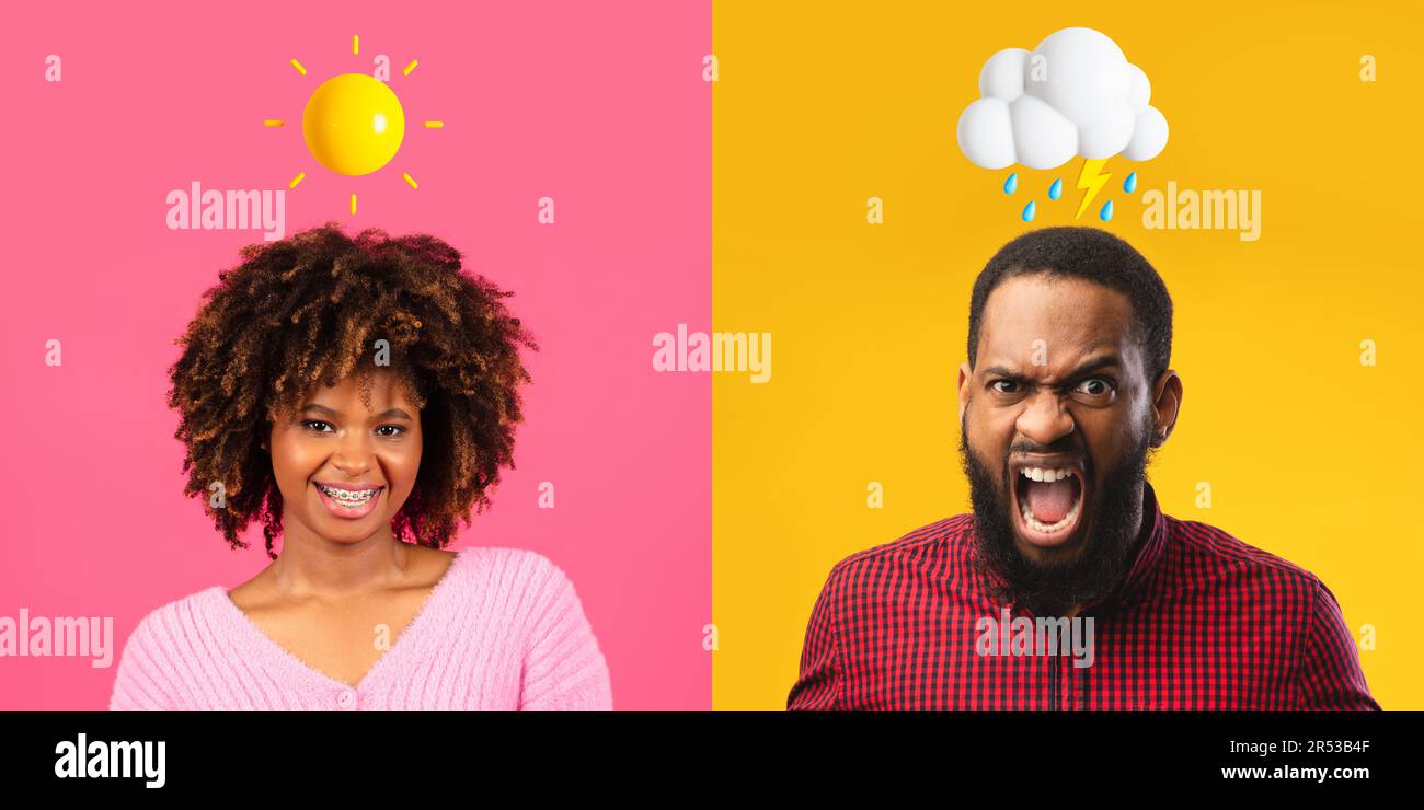 Coping With Stress. Happy Black Woman And Angry Man On Colorful ...