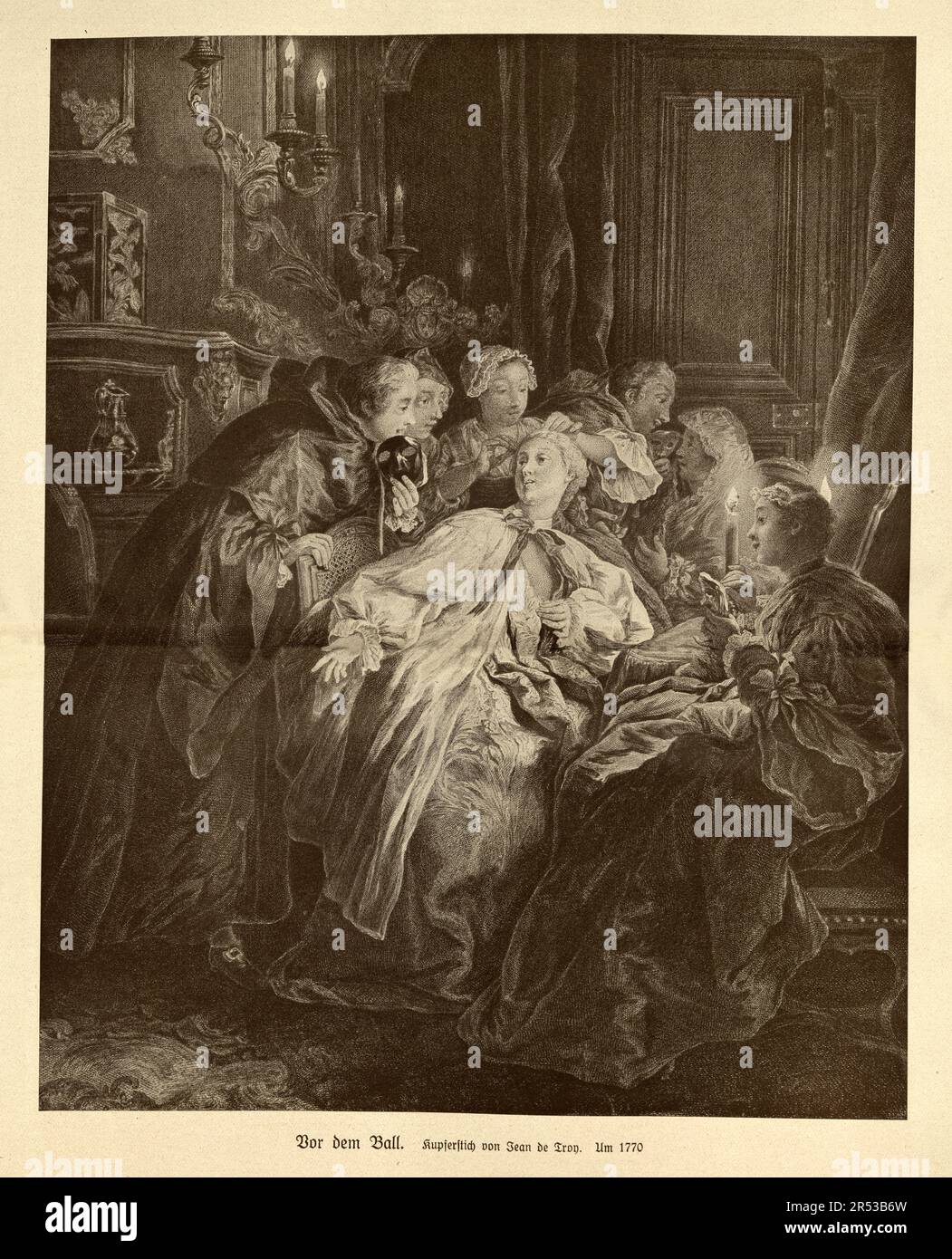 Before the ball, 18th Century Hairdresser and servants helping lady get ...