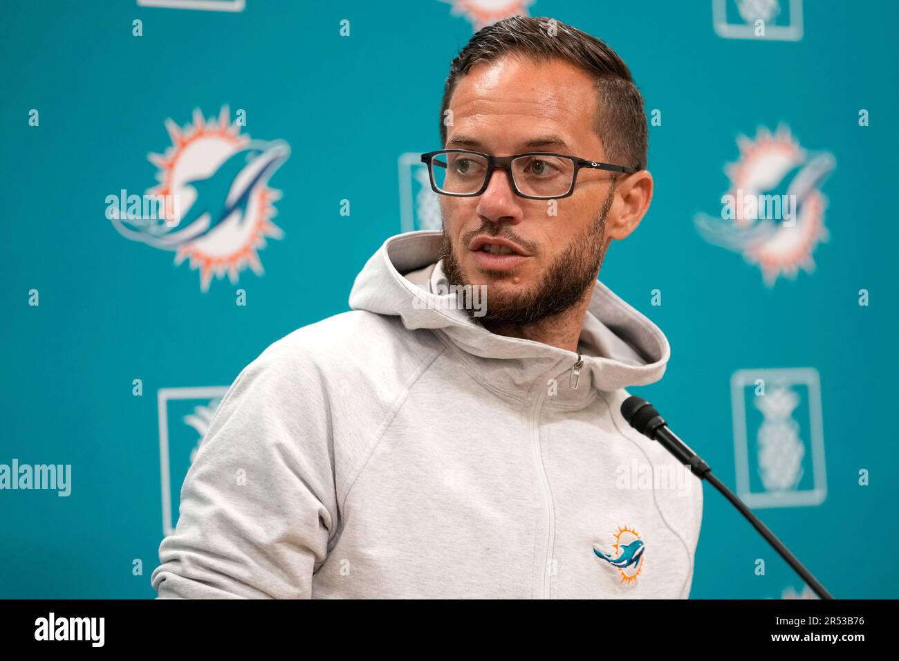 Miami Dolphins head coach Mike McDaniel speaks during a news conference during practice at the ...
